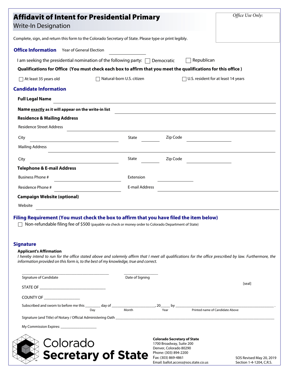 Colorado Affidavit Of Intent For Presidential Primary Write In