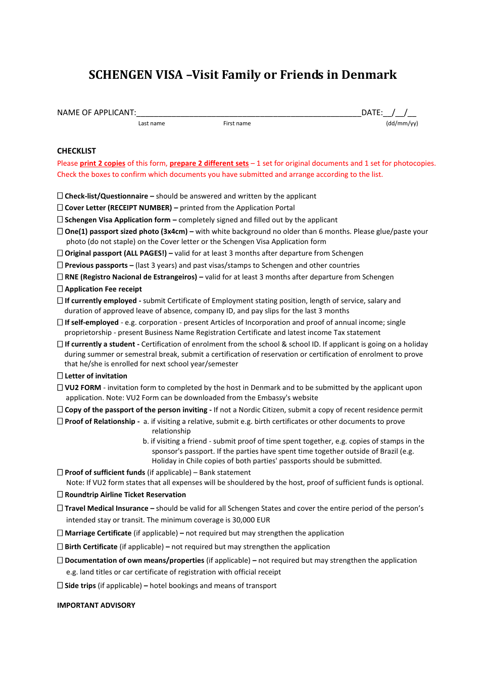 Brazil Danish Schengen Visa Checklist - Visit Family or Friends in ...