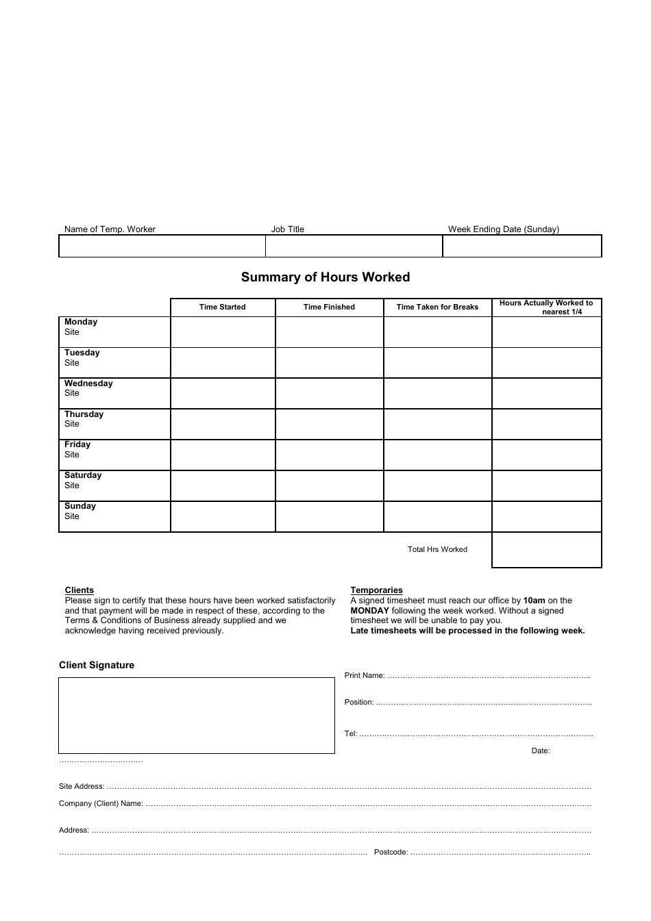 Summary of Hours Worked Template Download Printable PDF | Templateroller