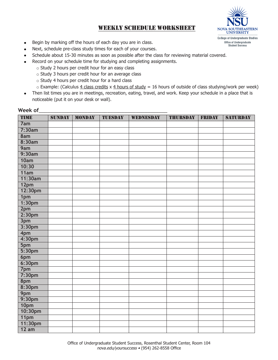 Weekly Schedule Worksheet - Nova Southeastern University Download ...