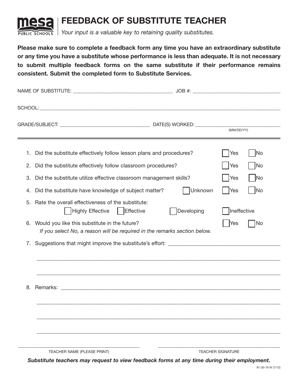 Feedback of Substitute Teacher - Mesa Public Schools - Fill Out, Sign ...