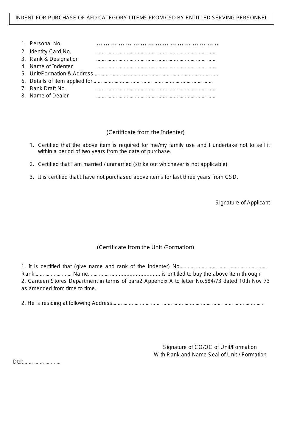 India Indent Forms for AFD Items - Fill Out, Sign Online and Download ...