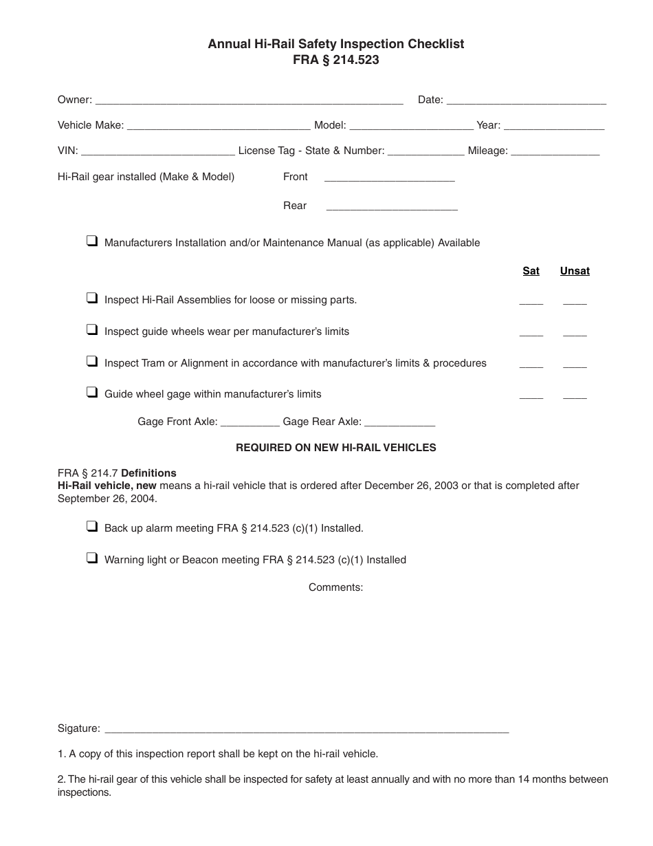 Annual Hi-Rail Safety Inspection Checklist Template - Fill Out, Sign ...