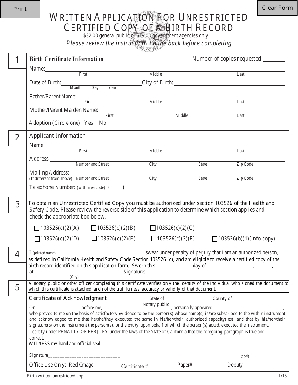 California Written Application Form for Unrestricted Certified Copy of ...