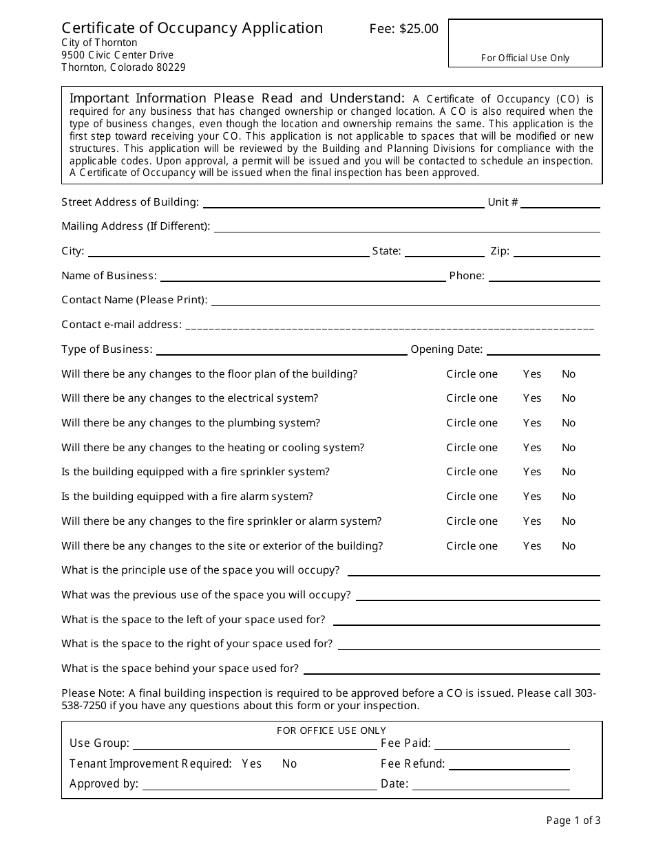 City of Thornton, Colorado Certificate of Occupancy Application Form ...