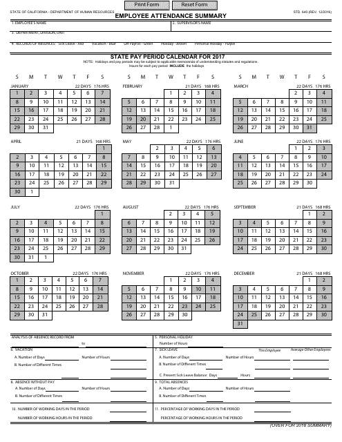 Form STD.640 Download Fillable PDF, Employee Attendance Summary ...