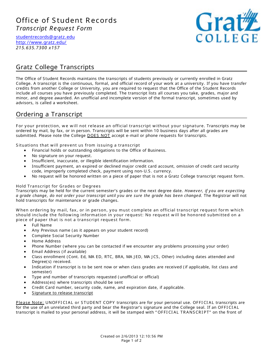 Pennsylvania Transcript Request Form - Gratz College - Fill Out, Sign ...