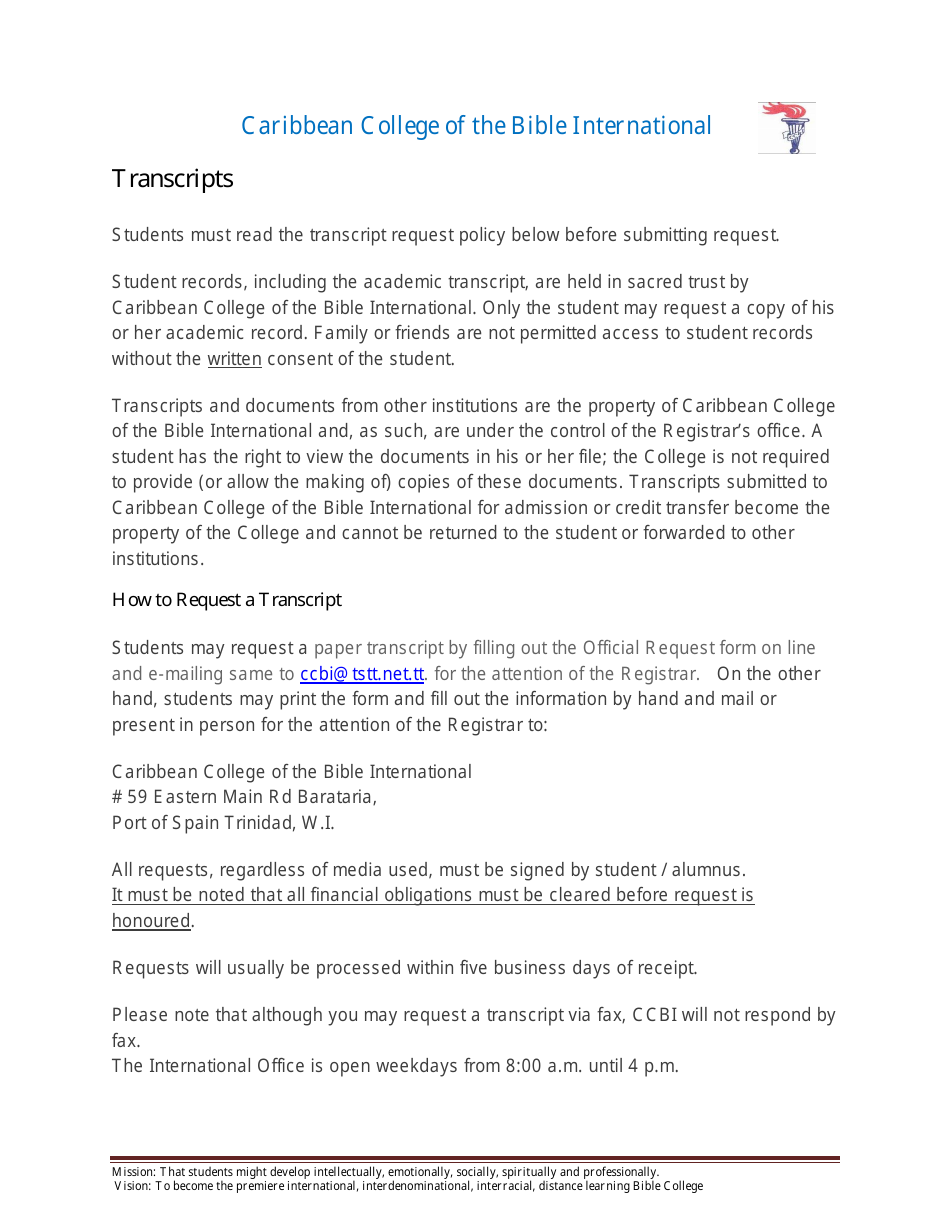 Trinidad and Tobago Transcript Request Form - Caribbean College of the ...