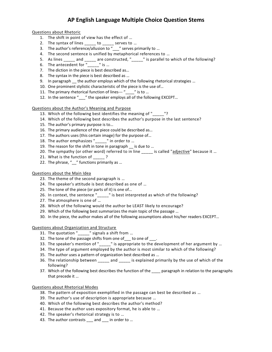 Ap English Language Multiple Choice Test Template Download Printable 