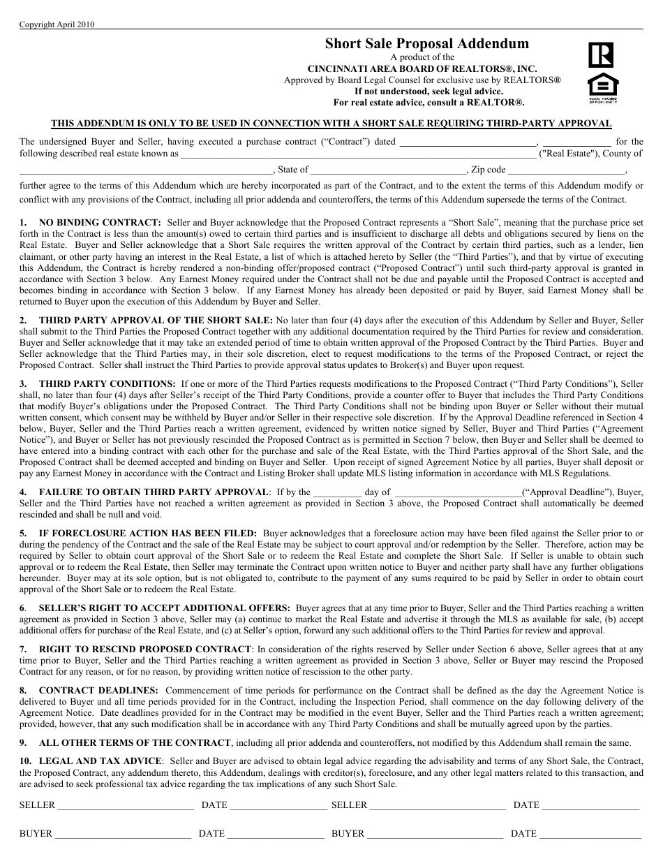 Cincinnati, Ohio Short Sale Proposal Addendum Template - Cincinnati ...