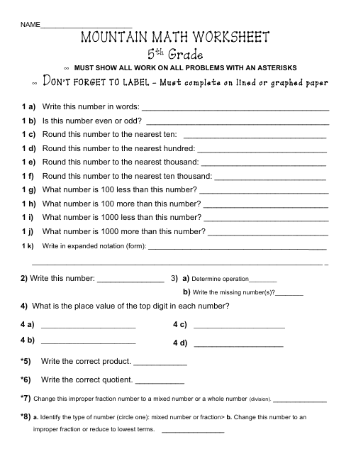 Mountain Math Worksheet 5th Grade Download Printable PDF Templateroller