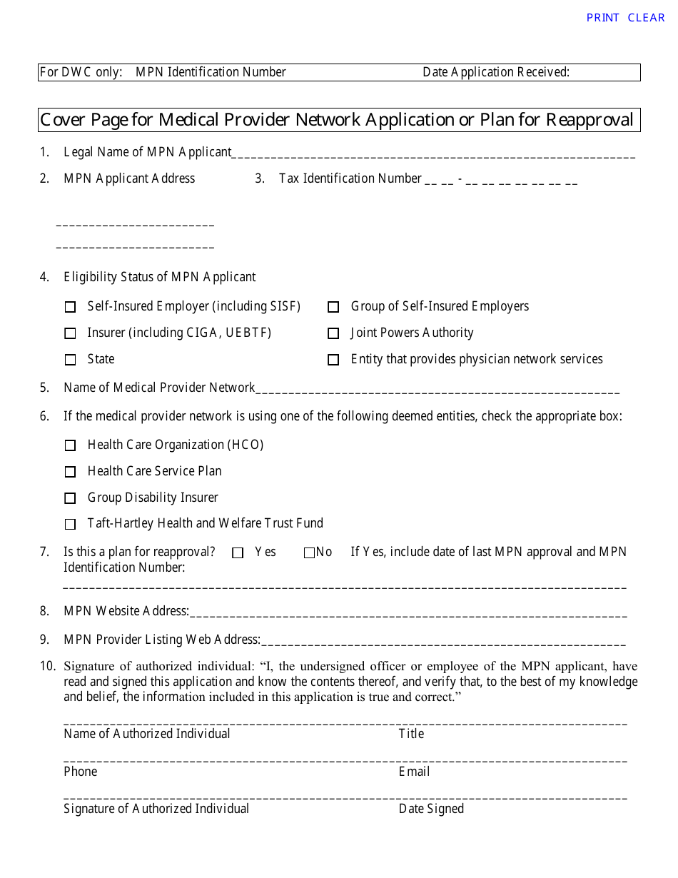 California Cover Page for Medical Provider Network Application or Plan ...