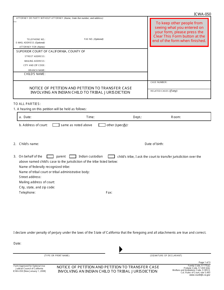 Form ICWA-050 - Fill Out, Sign Online and Download Fillable PDF ...