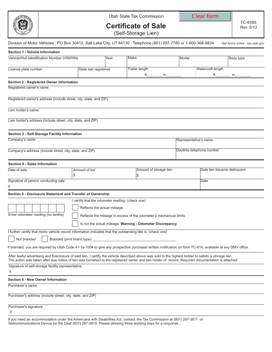 Form TC-839S - Fill Out, Sign Online and Download Fillable PDF, Utah ...
