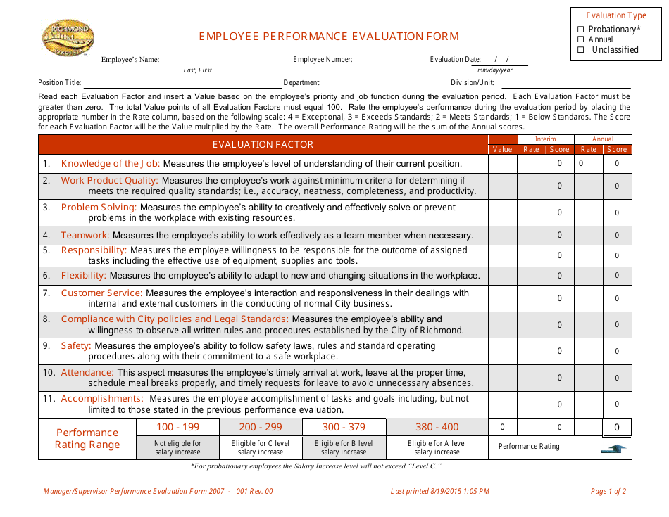 City of Richmond, Virginia Performance Evaluation Form - Fill Out, Sign ...