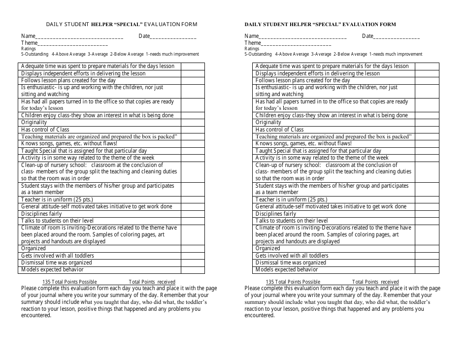 Daily Student Helper "special" Evaluation Form - Fill Out, Sign Online ...