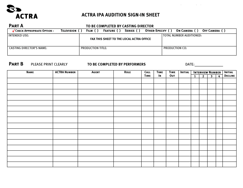 Audition Sign In Sheet Actra Download Printable PDF Templateroller