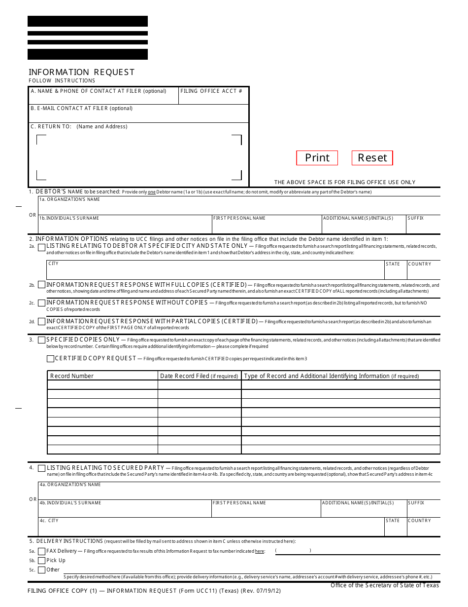 Form UCC11 - Fill Out, Sign Online and Download Fillable PDF, Texas ...