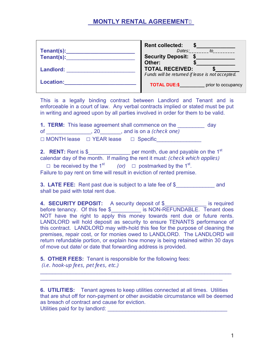 Printable Rental Agreement Month To Month