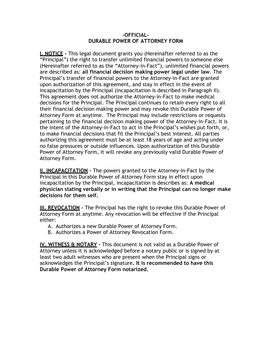 Durable Power of Attorney Form - Fill Out, Sign Online and Download PDF ...