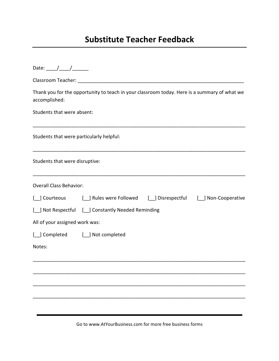 Substitute Teacher Feedback Form Without Border Fill Out Sign 