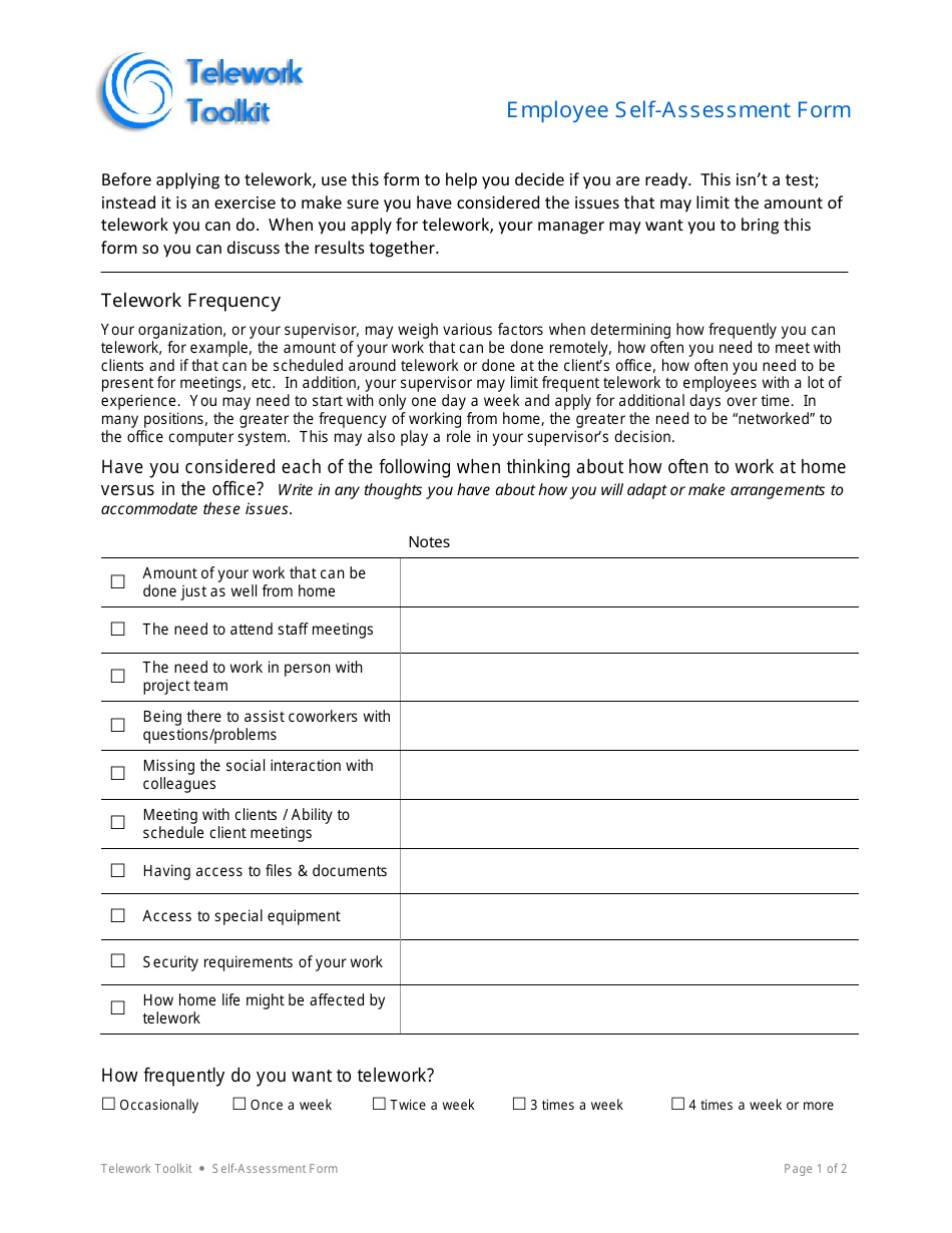 Employee Self-assessment Form - Telework Toolkit - Fill Out, Sign ...