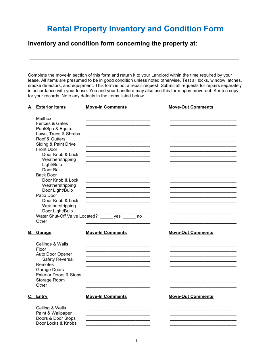 Rental Property Inventory and Condition Template Download Fillable PDF ...