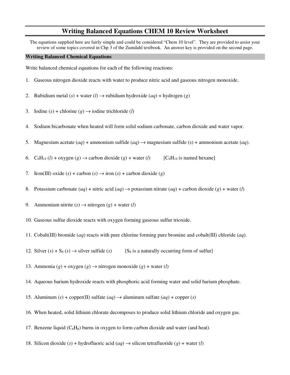 Writing Balanced Equations Chem 10 Review Worksheet With Answers ...