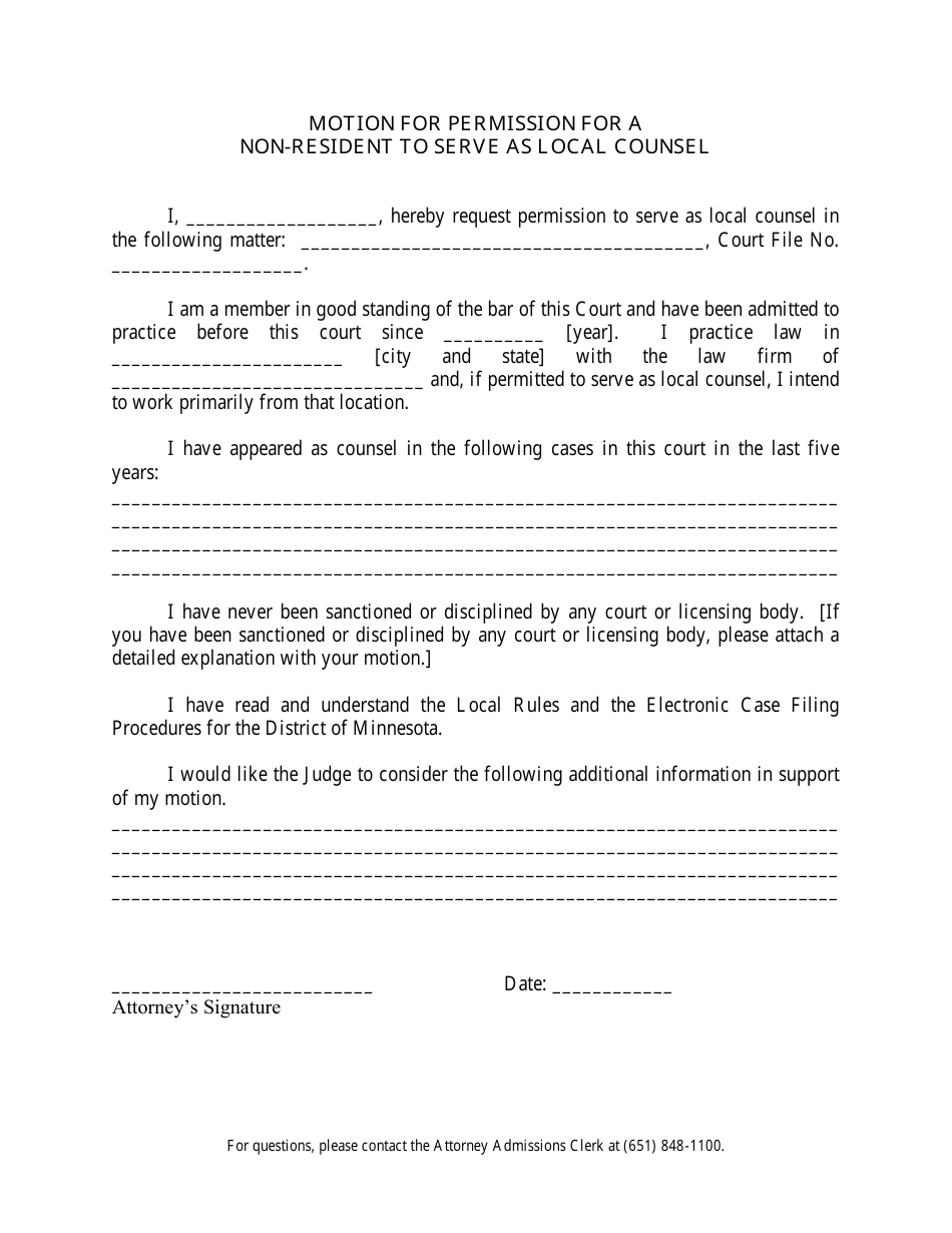 Minnesota Motion for Permission for a Non-resident to Serve as Local ...