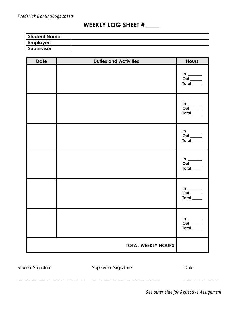 Student Supervisor Weekly Log Sheet and Reflective Assignment Download ...