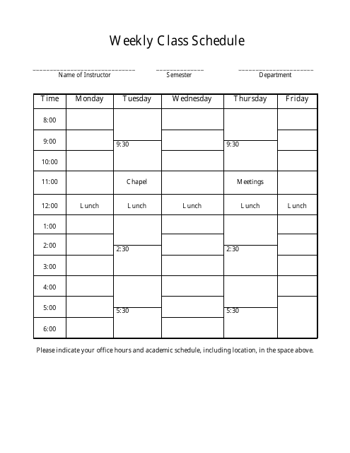 Weekly Class Schedule Template Table Download Printable PDF 