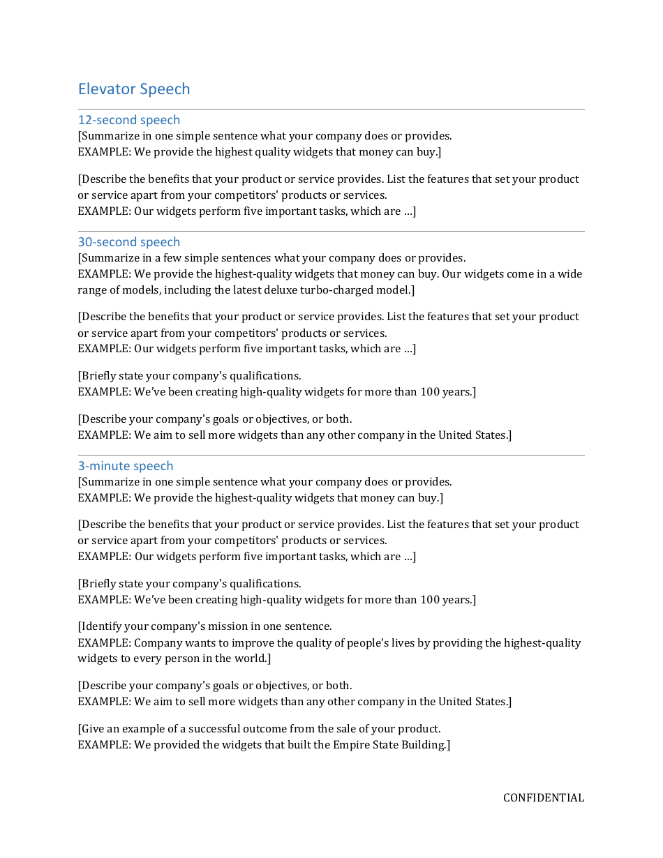 Elevator Speech Templates Download Printable PDF | Templateroller