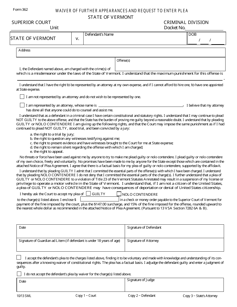 Form 362 - Fill Out, Sign Online and Download Fillable PDF, Vermont ...