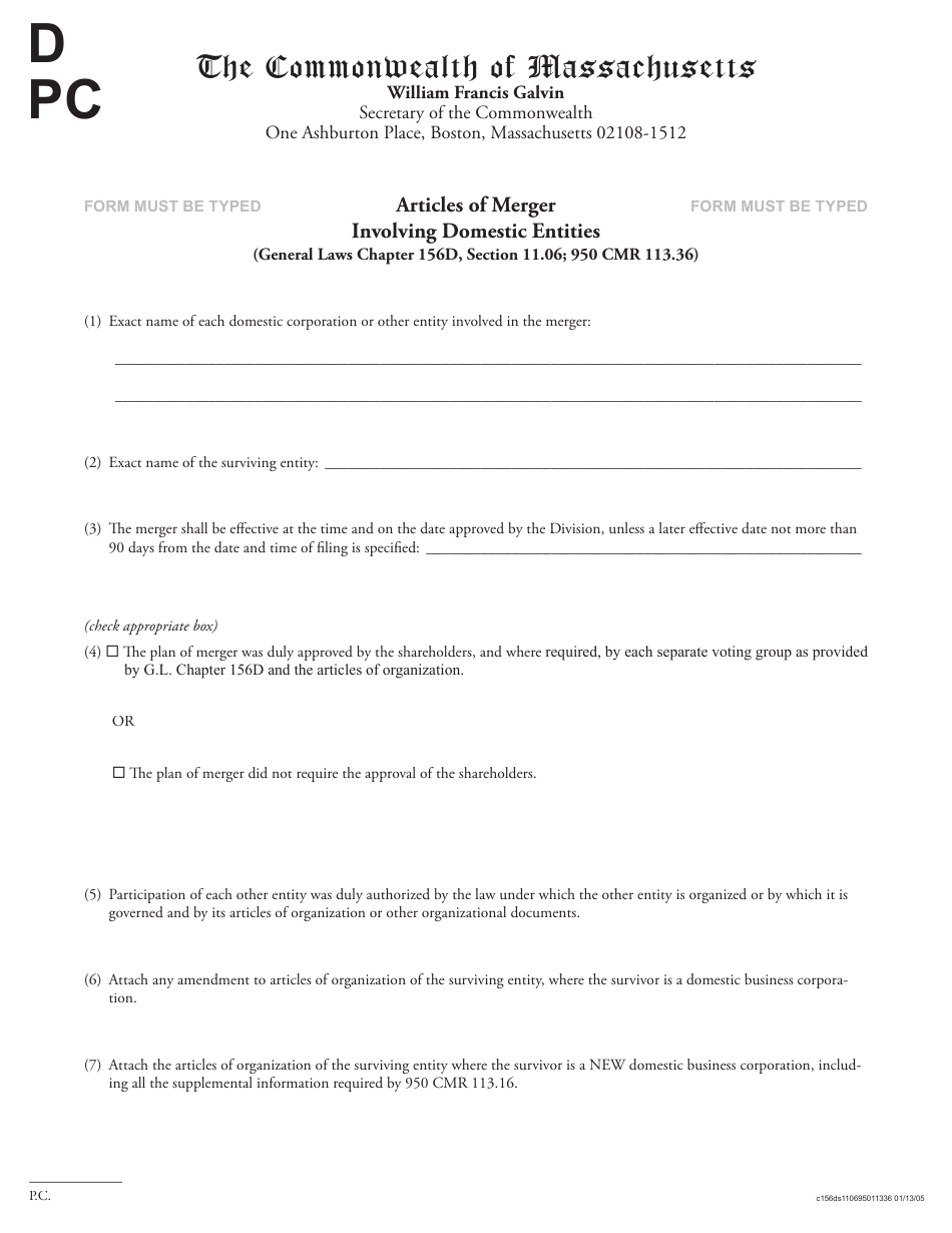 Massachusetts Articles of Merger Involving Domestic Entities - Fill Out ...