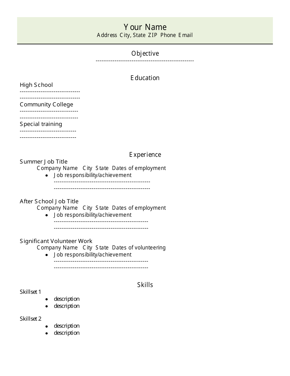 Sample High School Student Resume Template Download Printable PDF