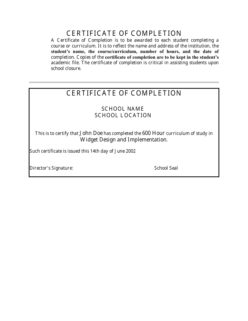 Sample Certificate of Completion Download Printable PDF | Templateroller