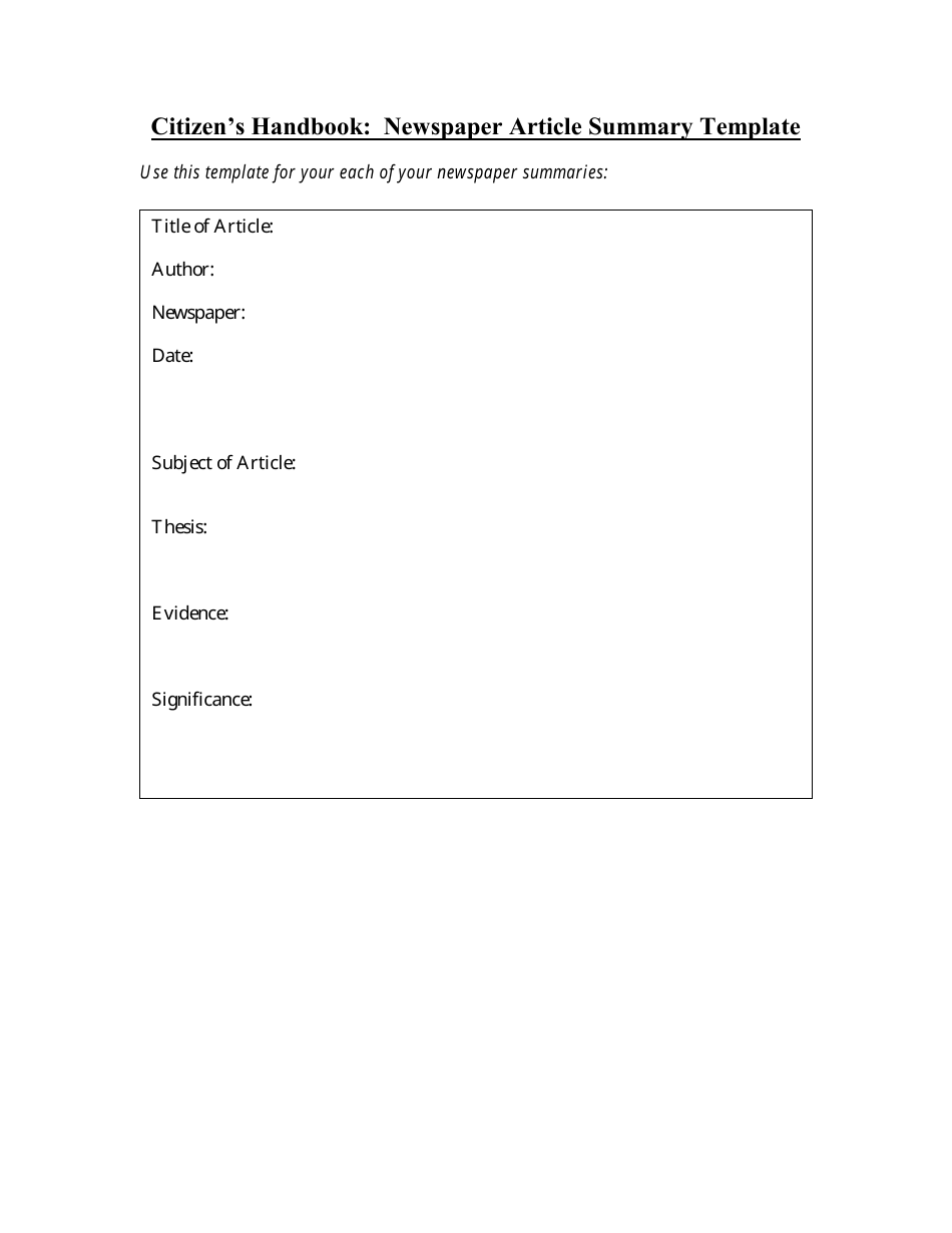 Newspaper Article Summary Template Download Printable PDF Templateroller
