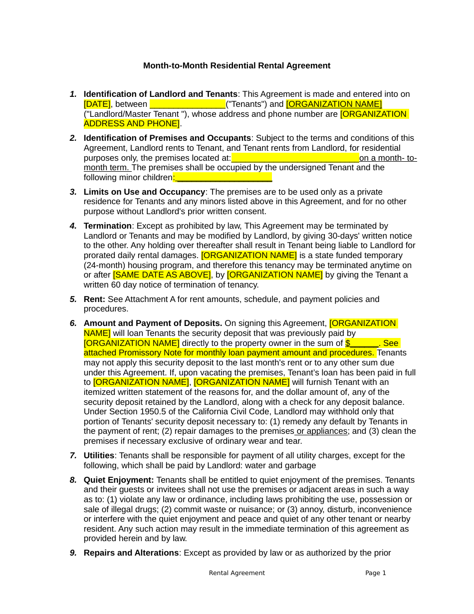 California Month To Month Residential Rental Agreement Template Fill 