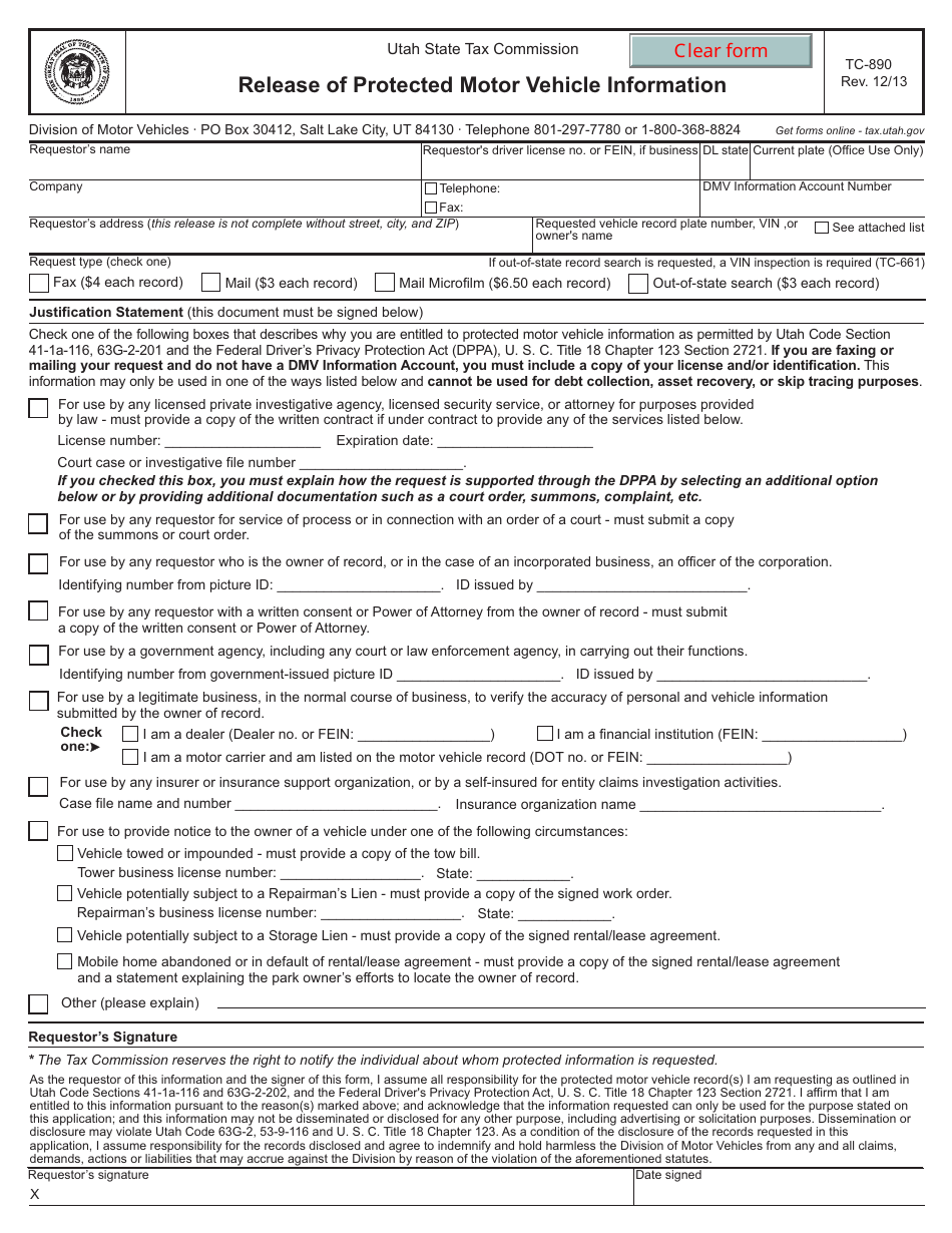 Form TC-890 - Fill Out, Sign Online and Download Fillable PDF, Utah ...