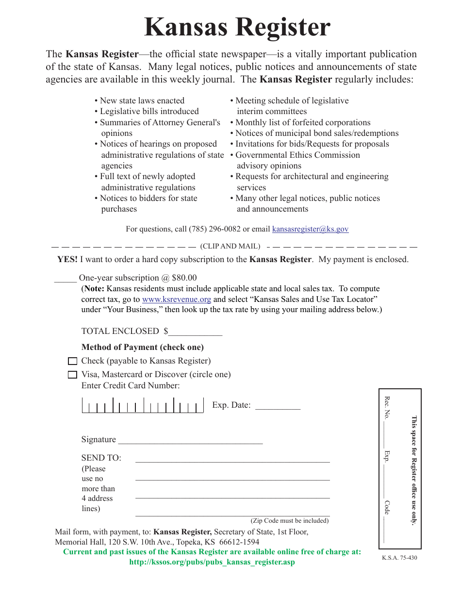 Kansas Kansas Register Subscription Form - Fill Out, Sign Online and ...
