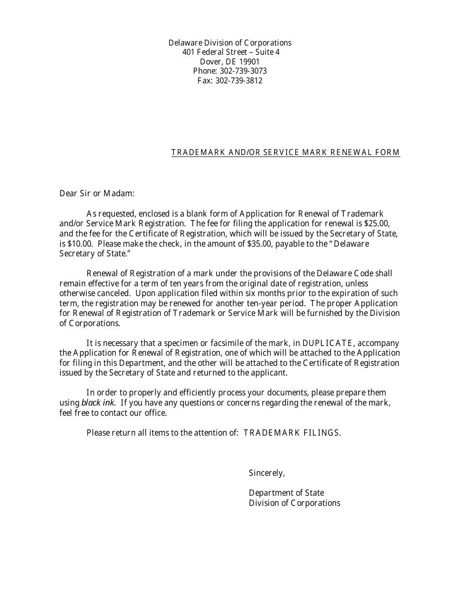 Delaware Application for Renewal of Registration of Trademark or ...