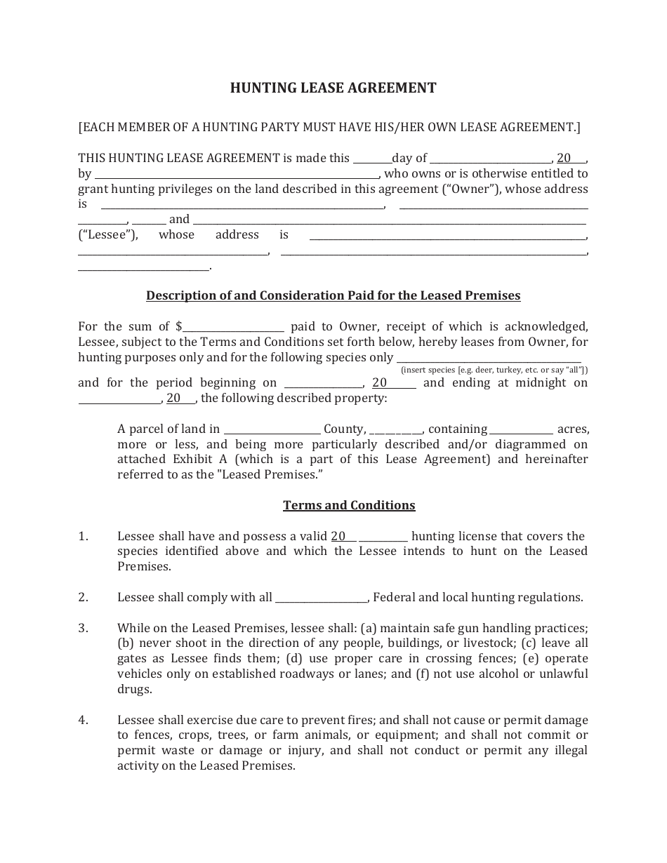 Printable Simple Hunting Lease Agreement