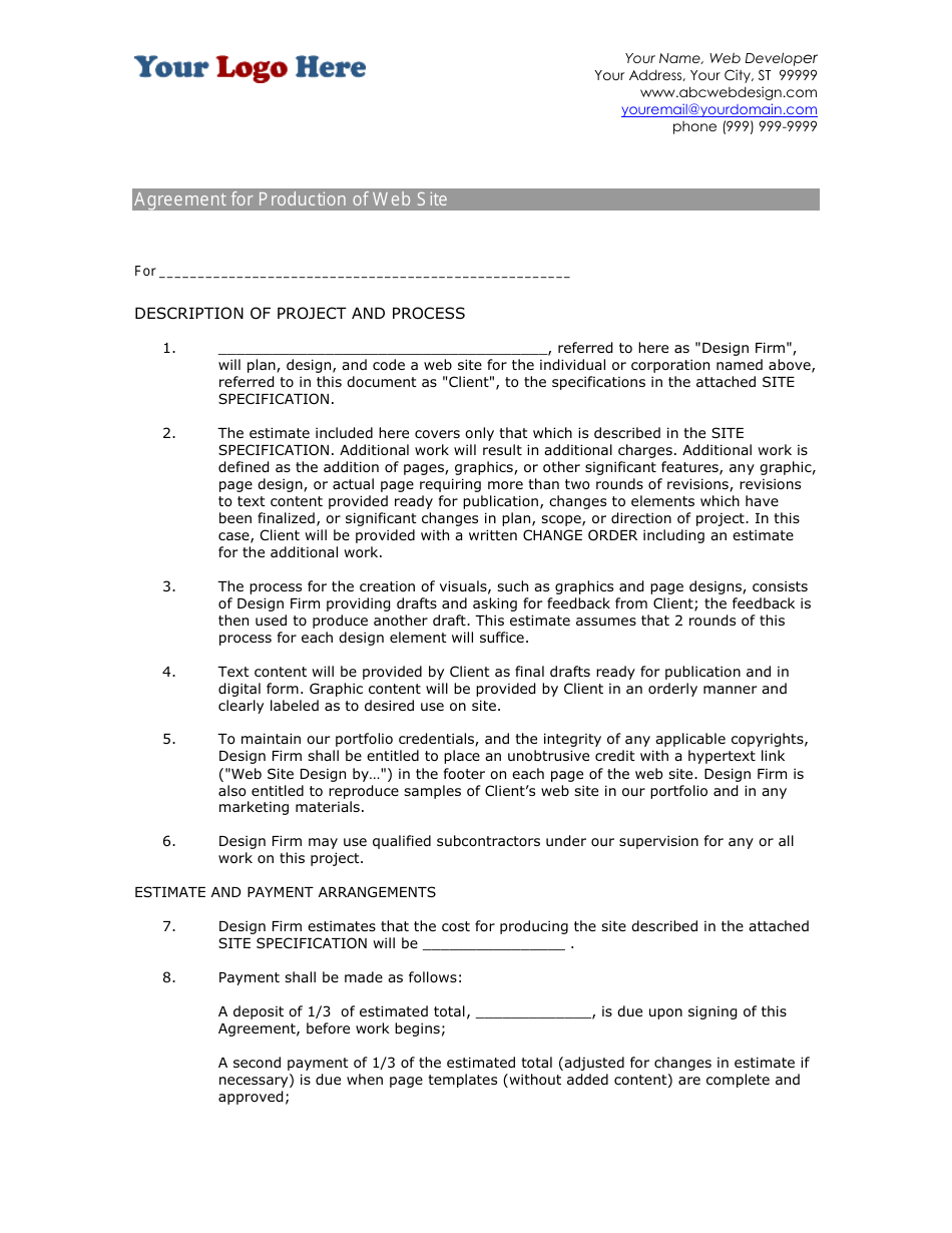 Agreement for Production of Web Site - Fill Out, Sign Online and ...