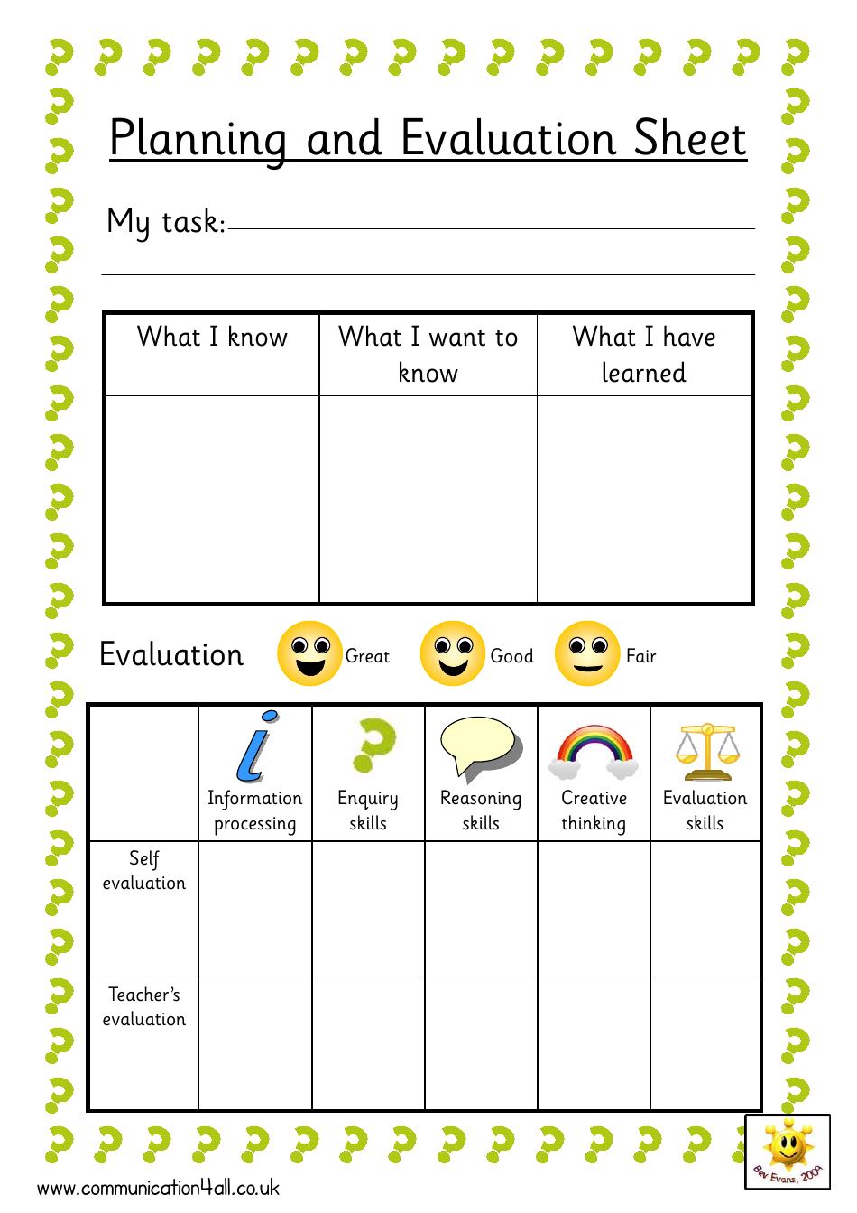 Planning and Evaluation Sheet Download Printable PDF | Templateroller