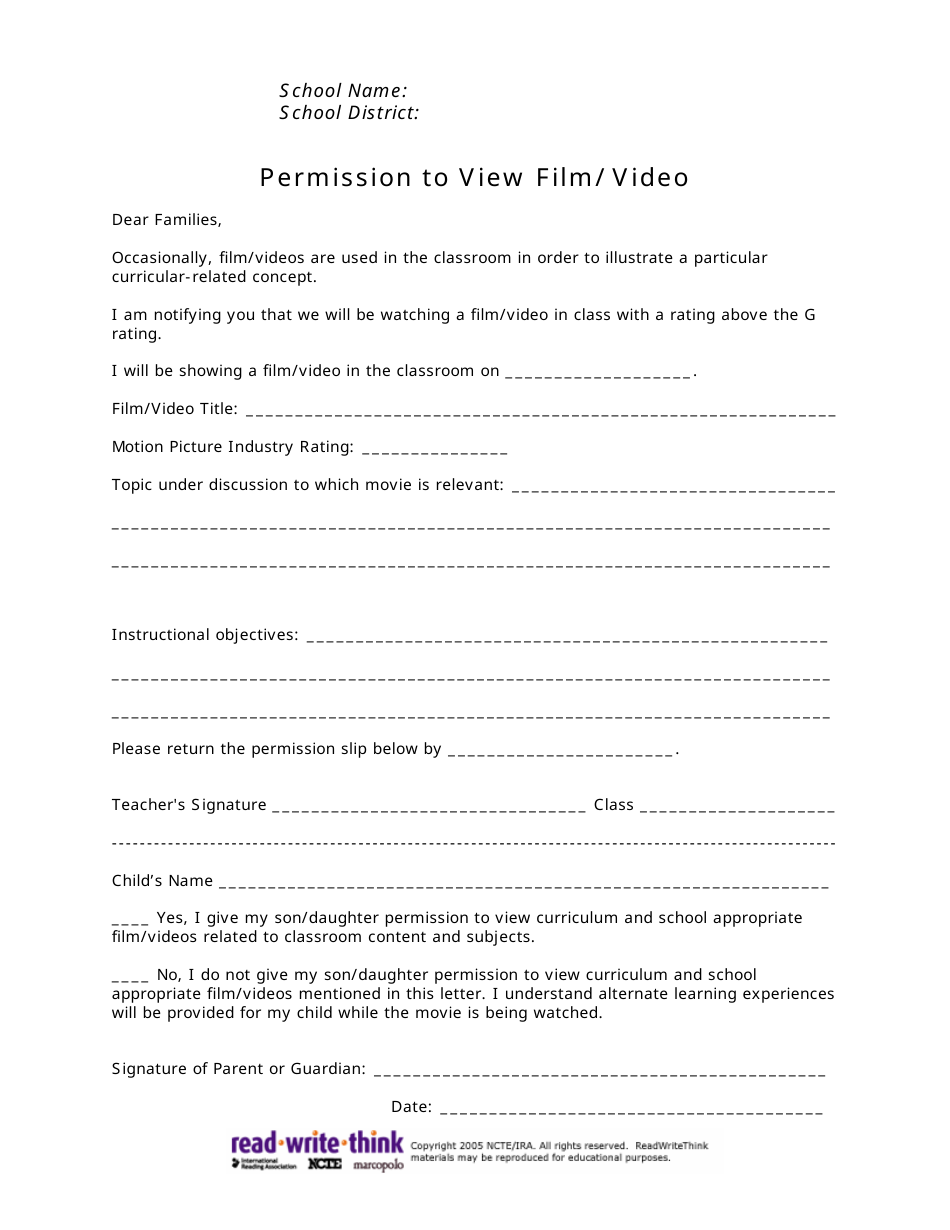 Permission to View Film/Video Template Download Printable PDF ...