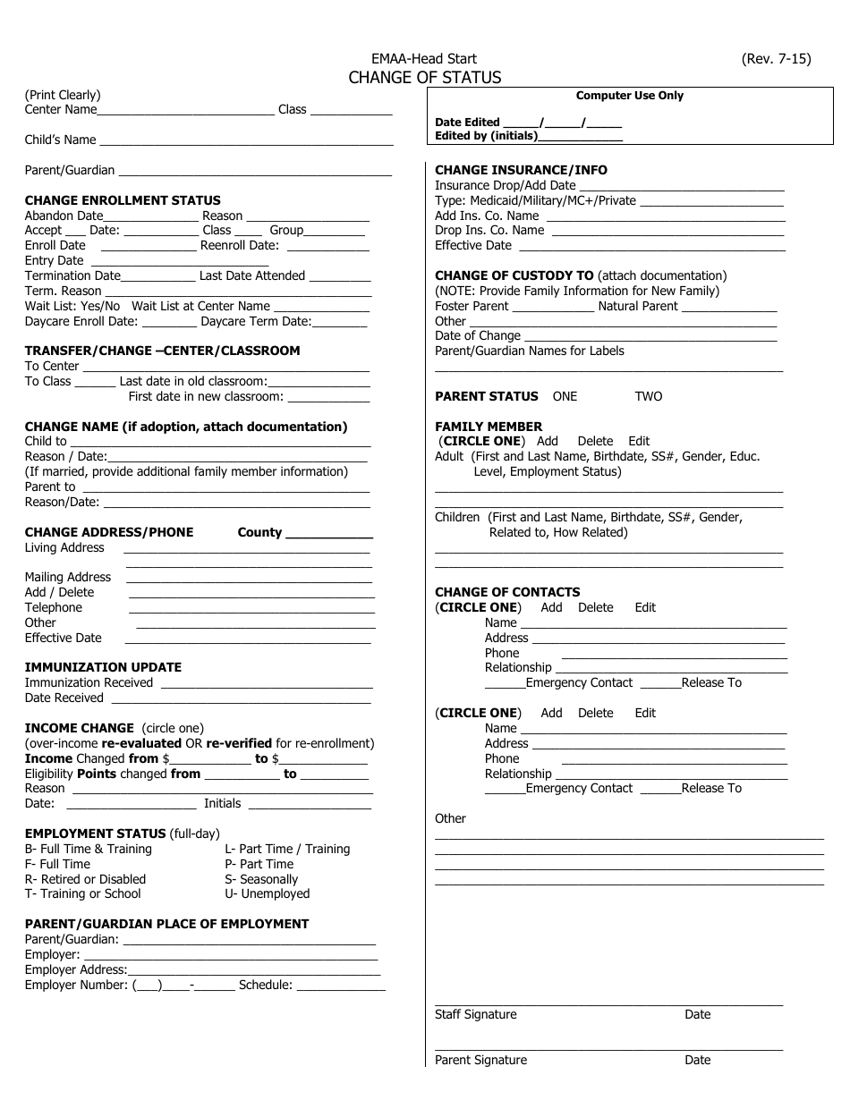 Change of Status - Emaa-Head Start Download Printable PDF | Templateroller