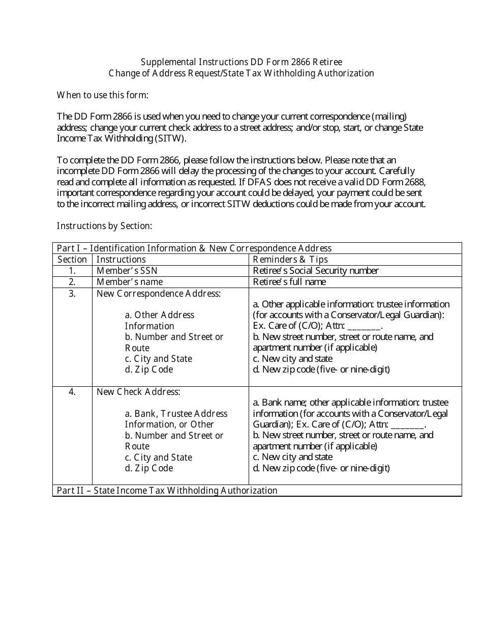 Download Instructions for DD Form 2866 Retiree Change of Address ...