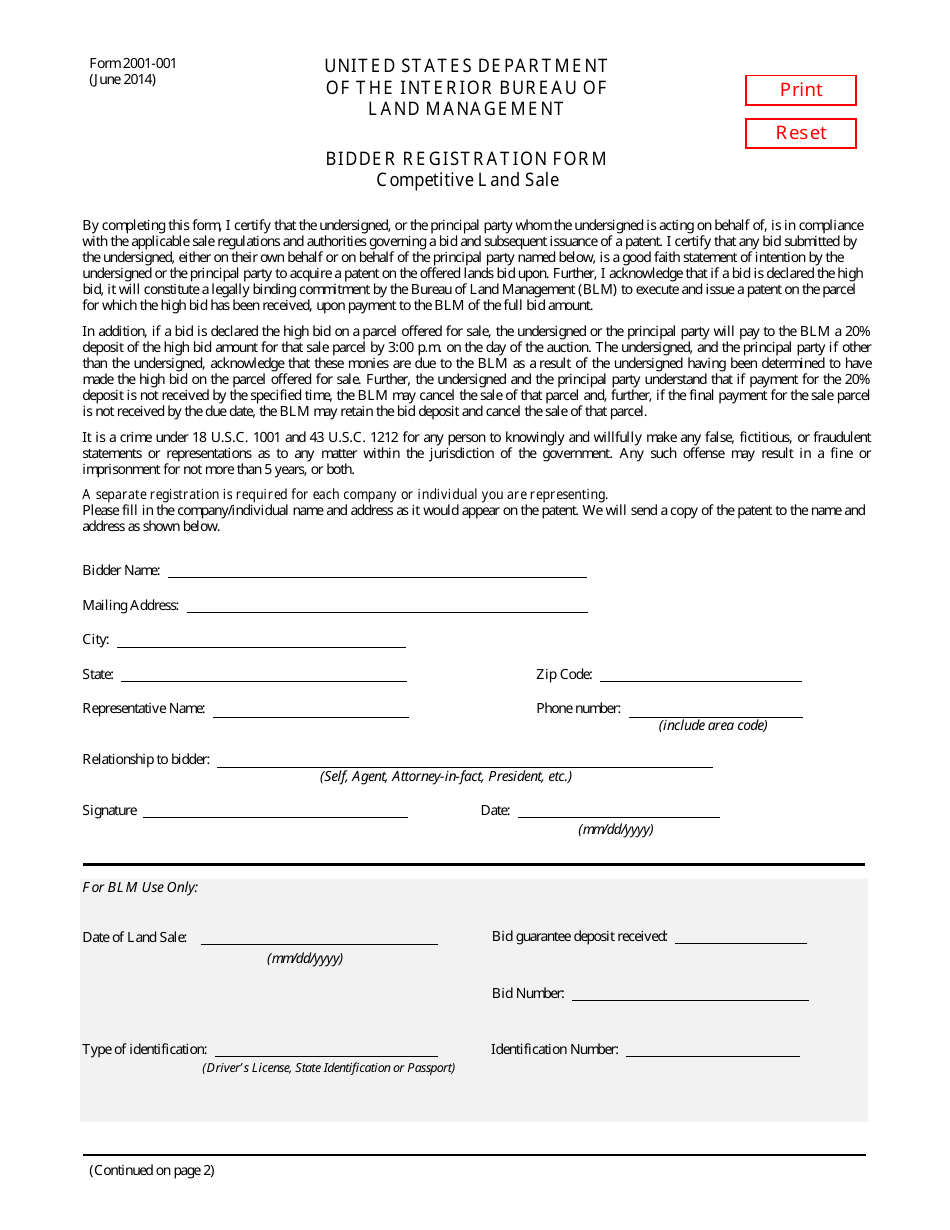 Form 2001-001 Download Fillable PDF or Fill Online Bidder Registration ...