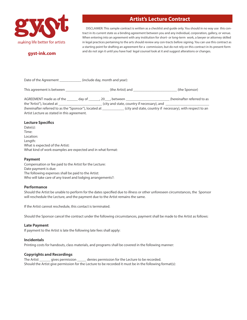 Artist's Lecture Contract - Gyst - Fill Out, Sign Online and Download ...