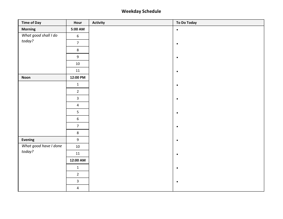 Weekday Schedule Template Download Printable PDF Templateroller